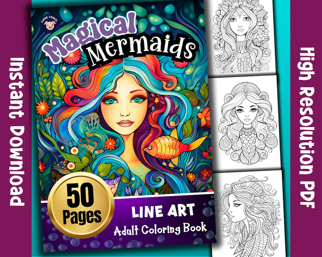 Magical Mermaids Line Art Coloring Book Mermaid Coloring Pages Mandala ...