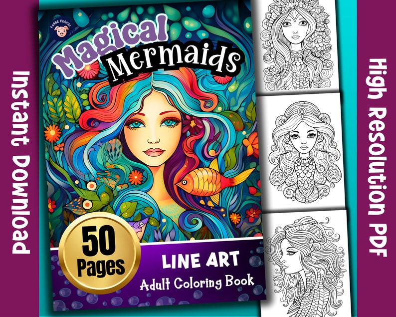 Magical Mermaids Line Art Coloring Book Mermaid Coloring - Etsy