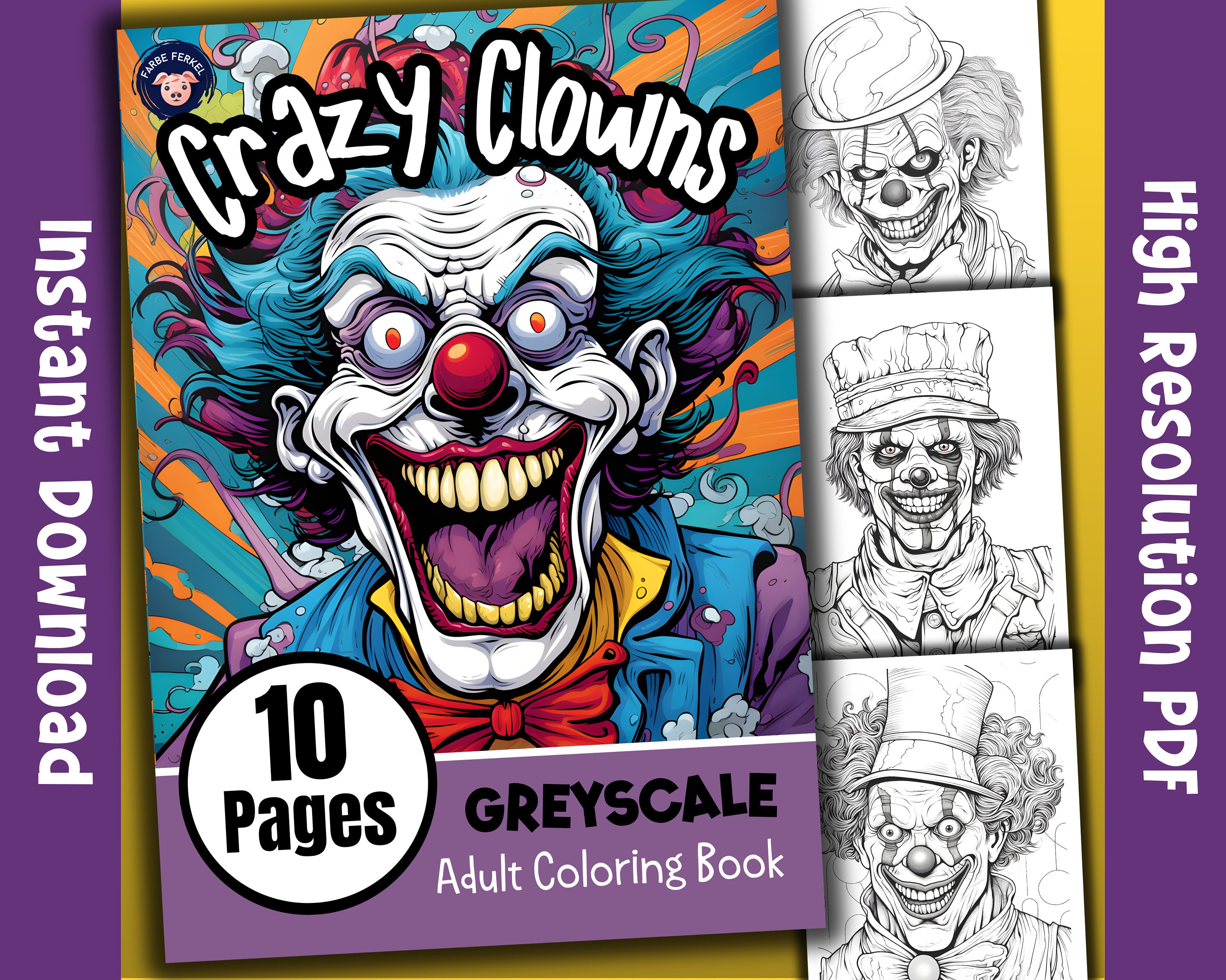 Crazy Clowns Greyscale Coloring Book Clown Coloring Pages - Etsy