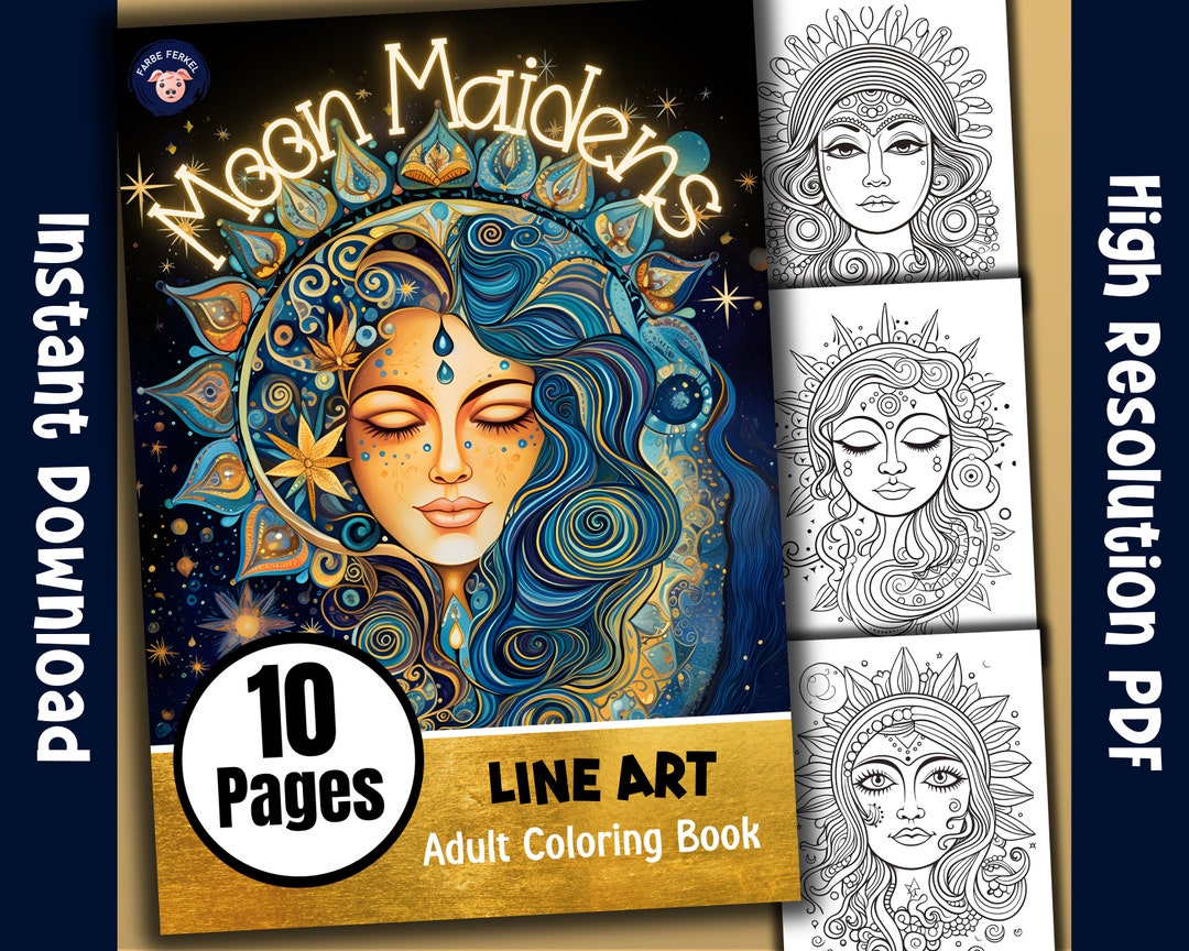Moon Maidens Line Art Coloring Book Celestial Coloring Pages Colouring ...