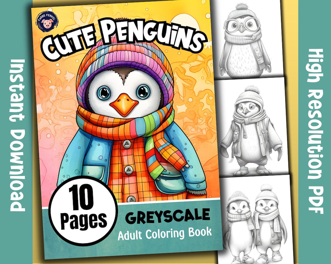 Cute Penguins Greyscale Coloring Book Funny Coloring Books Penguins ...