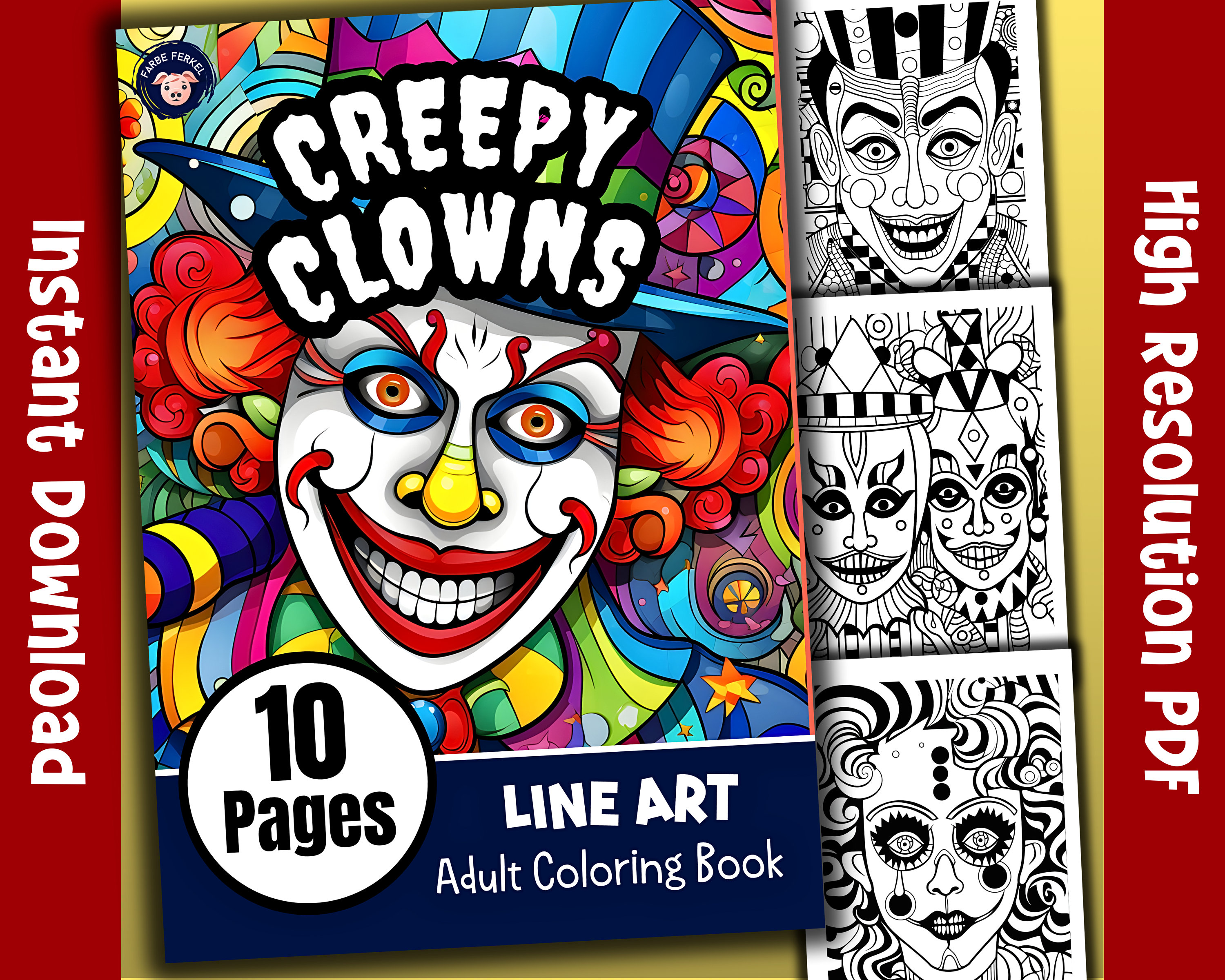 Creepy Clowns Line Art Coloring Book Scary Coloring Pages Colouring ...