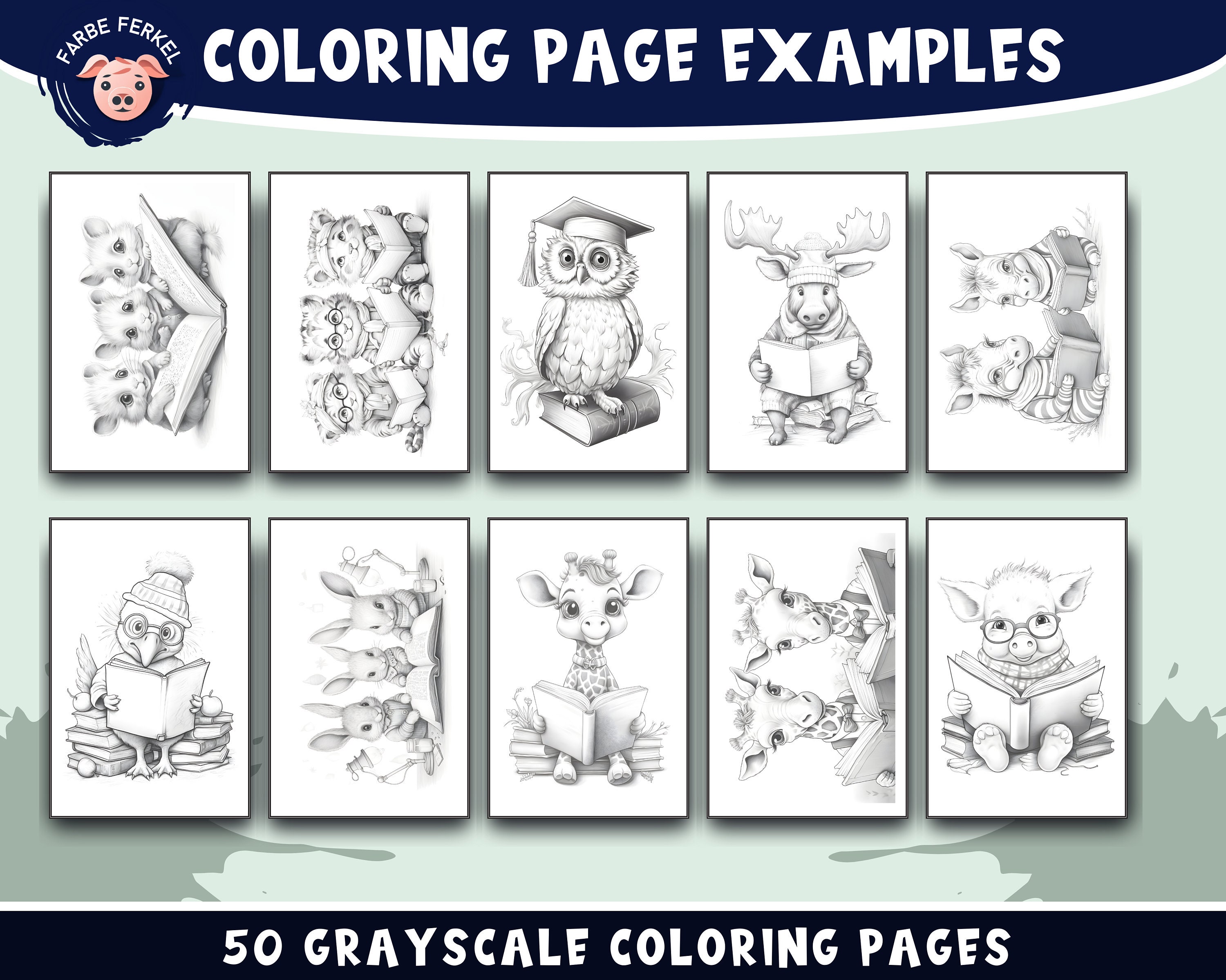 Bookworm Animals Greyscale Coloring Book Cute Animal - Etsy