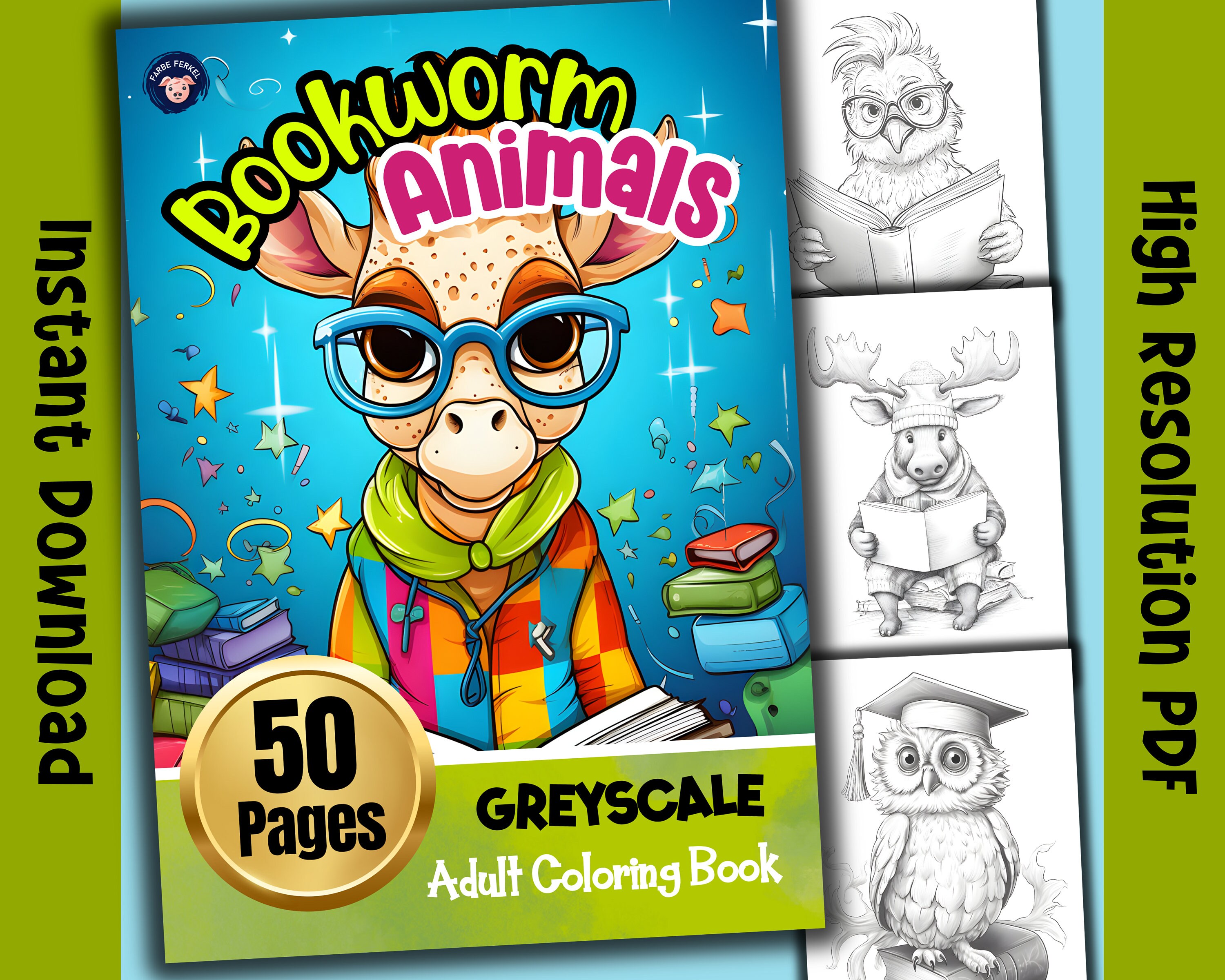 Bookworm Animals Greyscale Coloring Book Cute Animal - Etsy