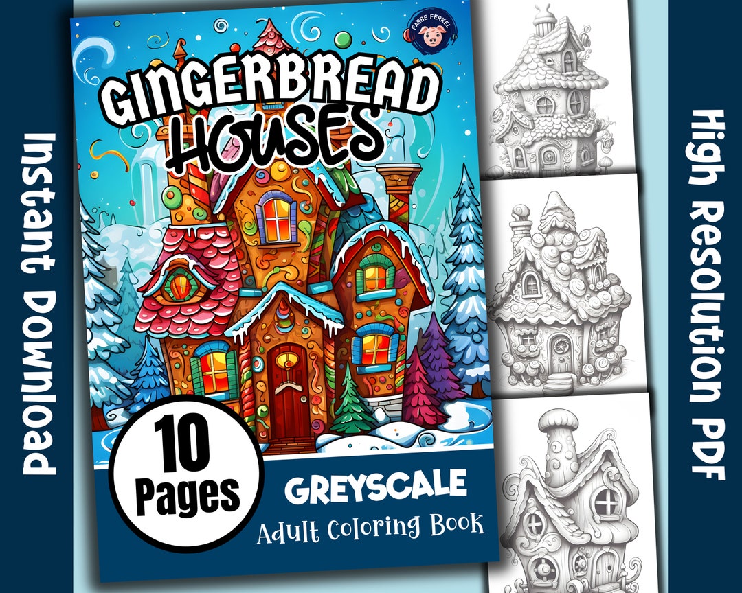 Gingerbread Houses Greyscale Adult Colouring Candy House Coloring ...
