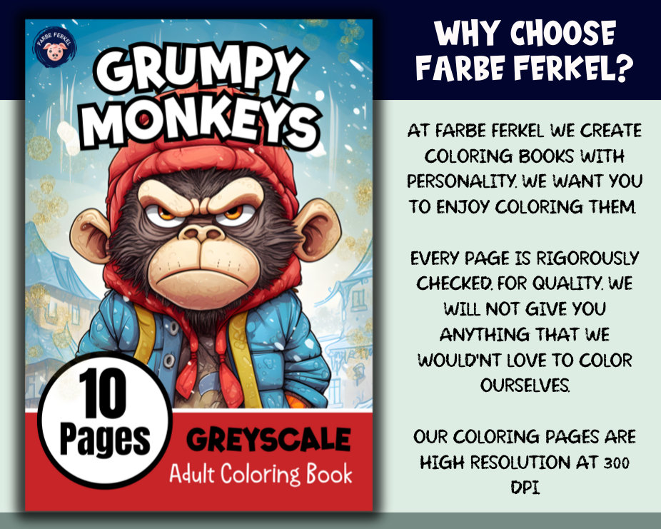 Grumpy Monkeys Greyscale Coloring Book Funny Coloring Book Monkey ...