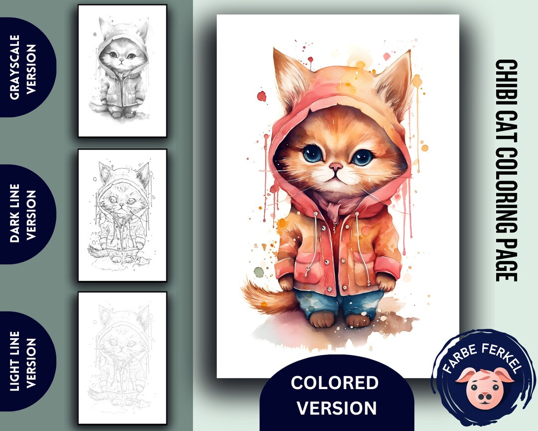 Chibi Cat Coloring Page Feline Colouring Cat Coloring - Etsy