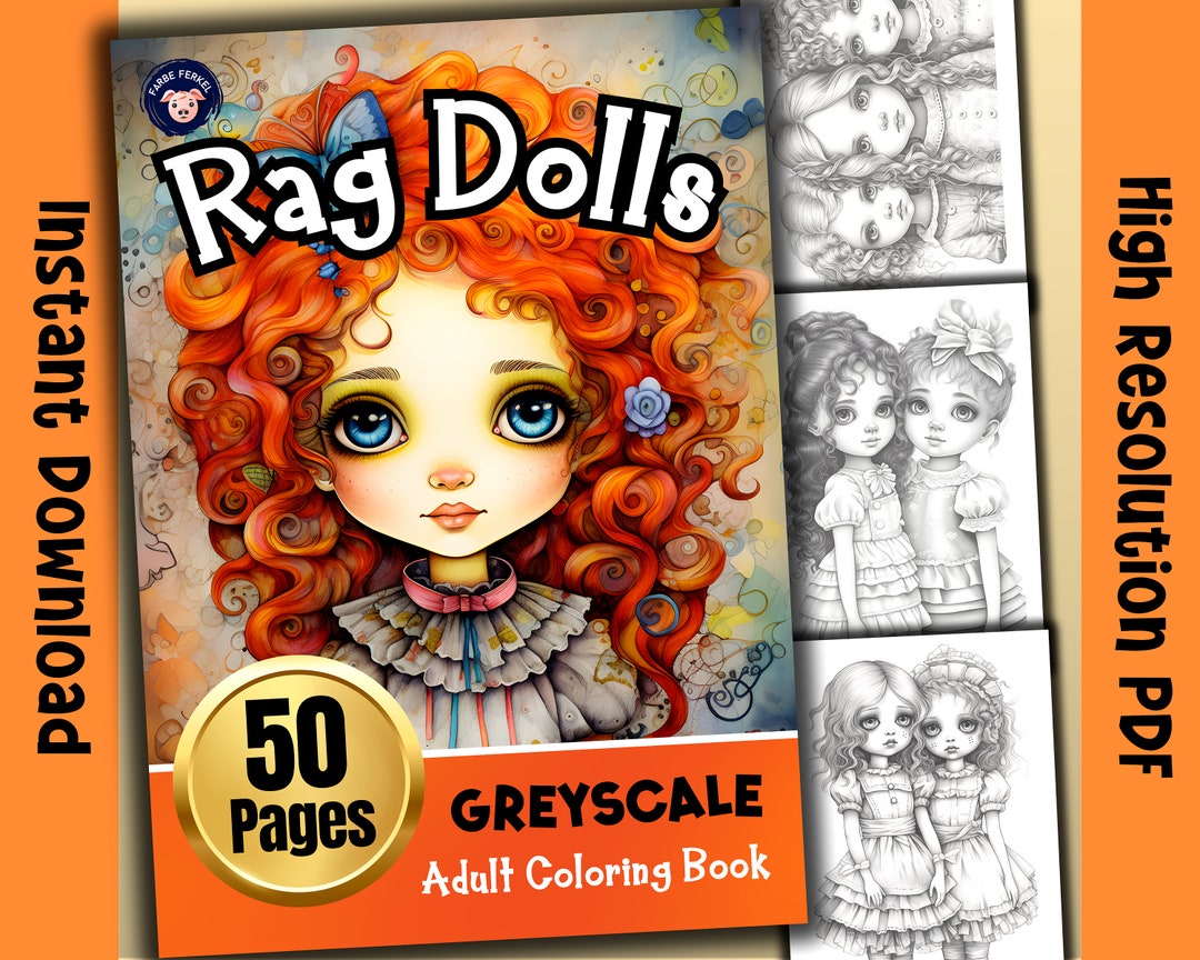 Rag Dolls Grayscale Coloring Book Adult Colouring Page for Relaxing ...