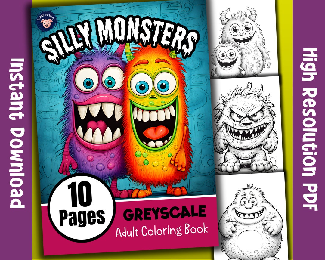 Silly Monsters Greyscale Adult Colouring Funny Colouring Book Greyscale ...