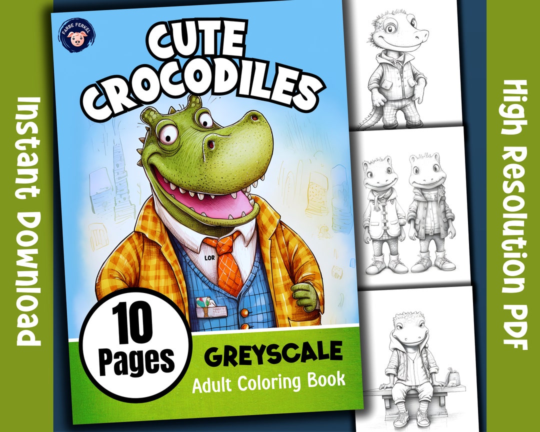 Cute Crocodiles Greyscale Coloring Book Funny Coloring Crocodile ...
