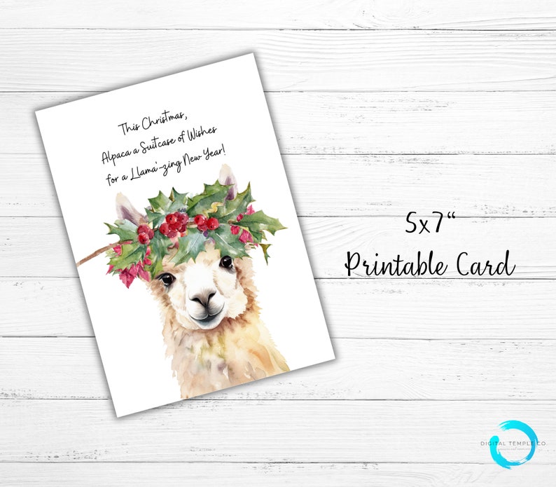 Llama Christmas Card, Funny Holiday Card, Cute Animal Card, Printable ...