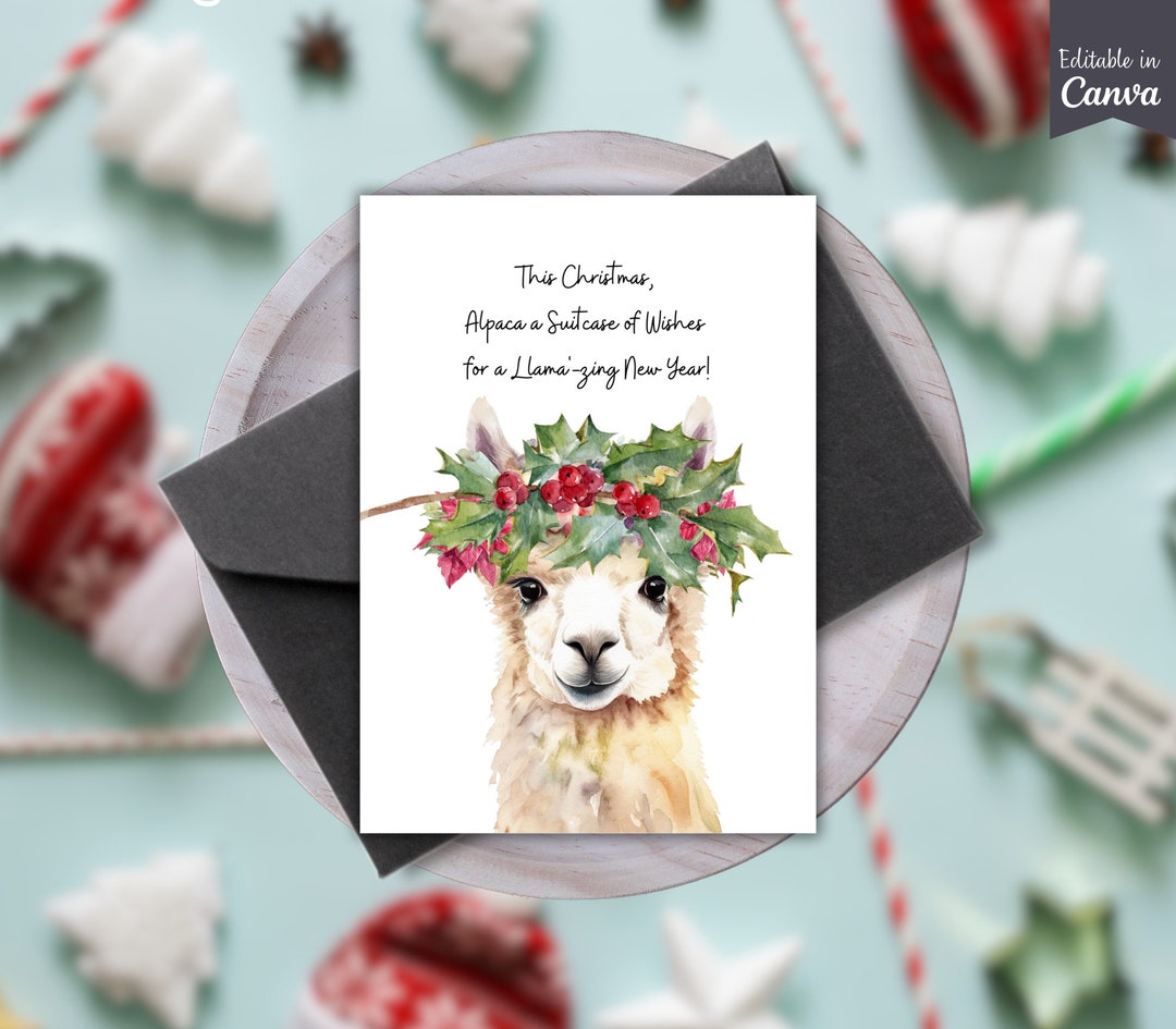 Llama Christmas Card, Funny Holiday Card, Cute Animal Card, Printable ...