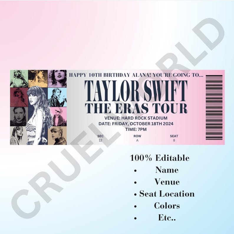 Taylor Swift Eras Tour Ticket Template Pink Gradient Customizable ...