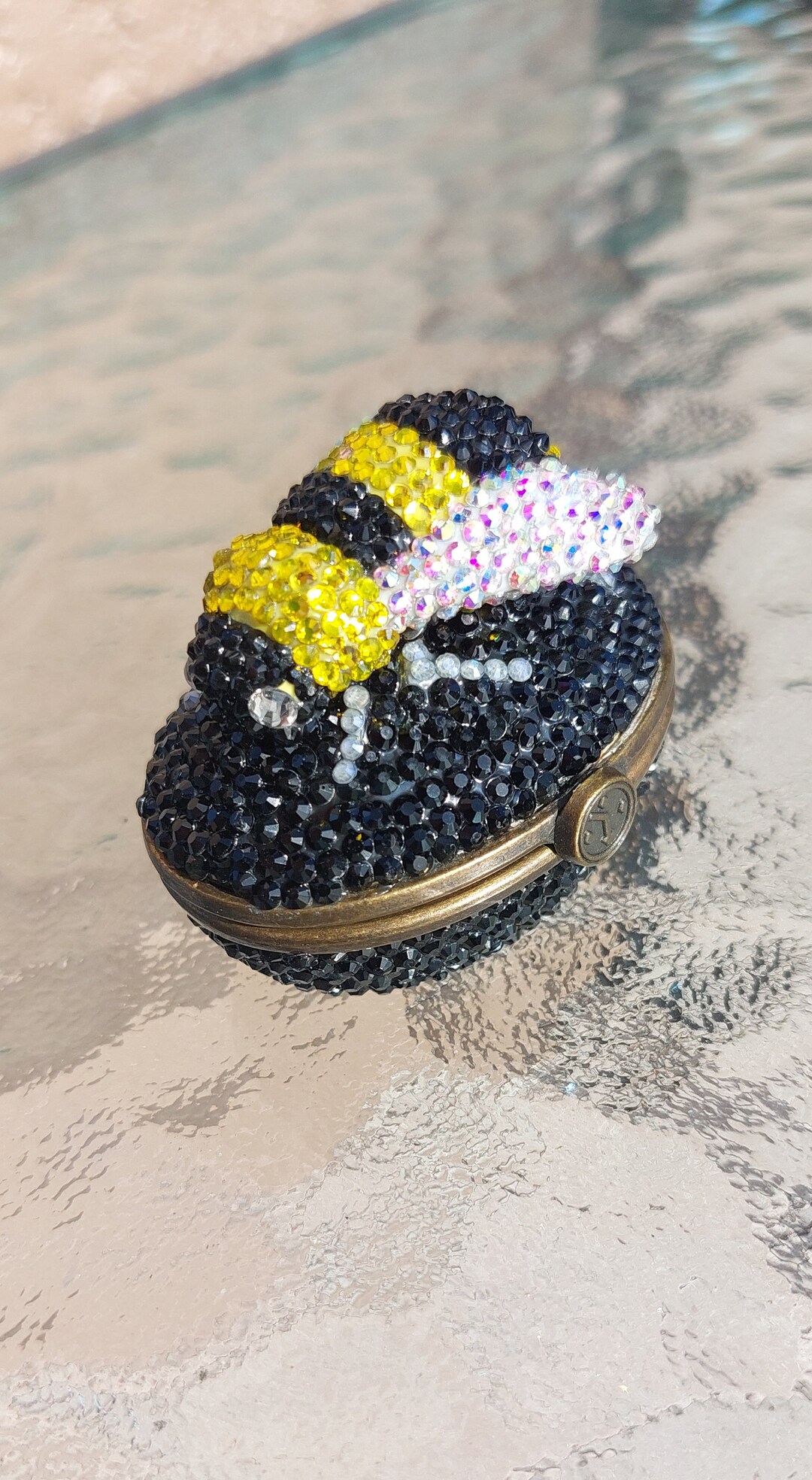 Honey Bee Bumble Bee Trinket Ring Pill Box, Ceramic & Metal With ...