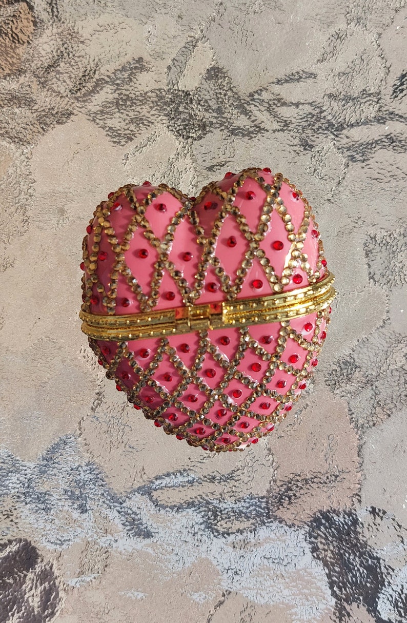 Pink Jeweled Heart Trinket Ring Pill Box, Ceramic & Metal With ...