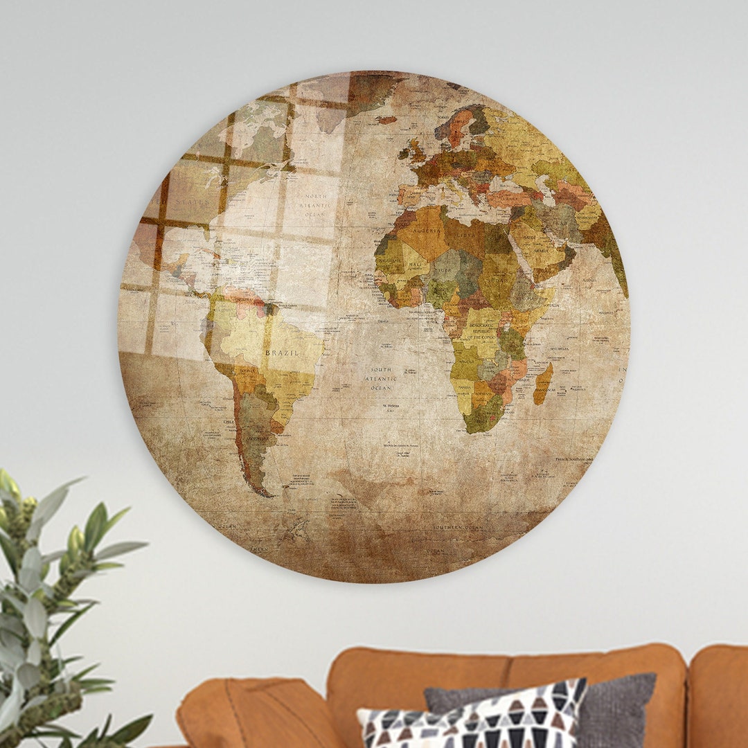 Map Art Wall Decor, Large World Map Tempered Glass, World Map Artwork ...