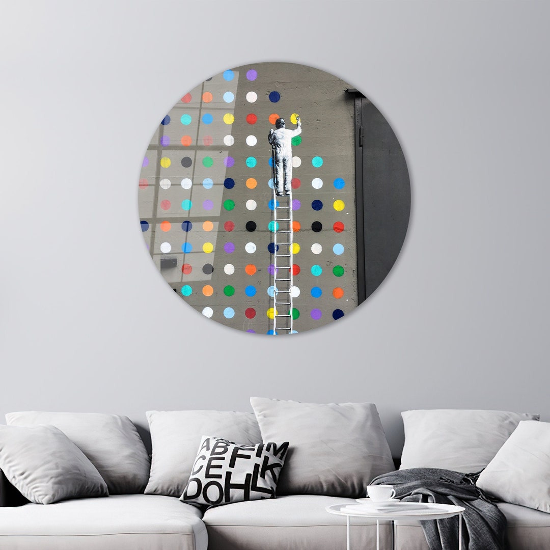 Banksy Colorful Dot Painter Glass Wall Art, Banksy Painter Wall Art ...