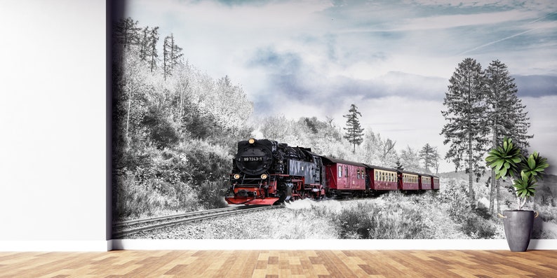 Train on Winter Day Removable Wallpaper: 3D View Paper Art - Etsy