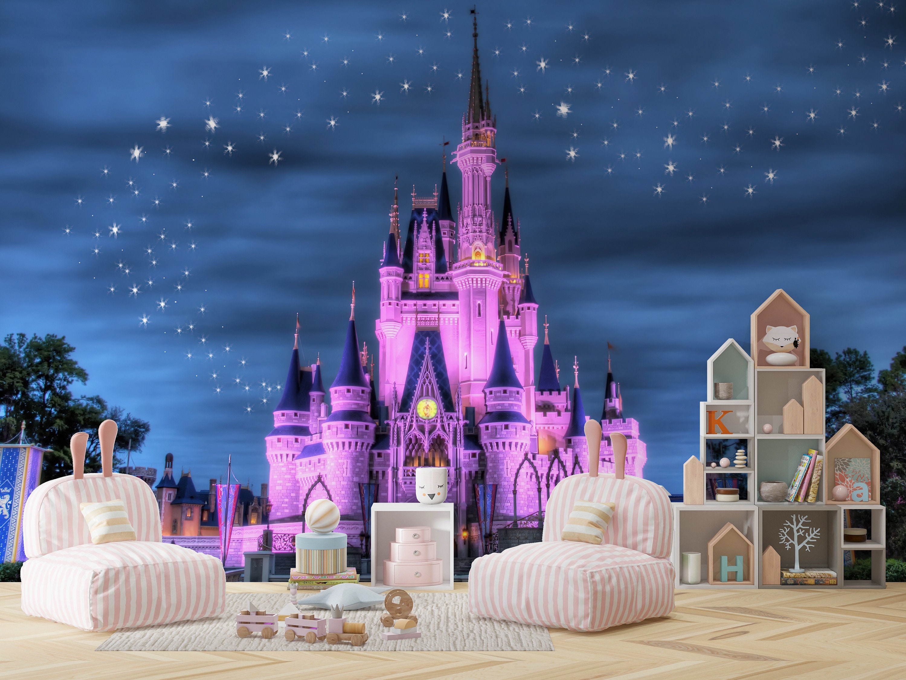 Cinderella Castle Wallpaper Mural: Starry Sky Peel and Stick Wall Decor ...