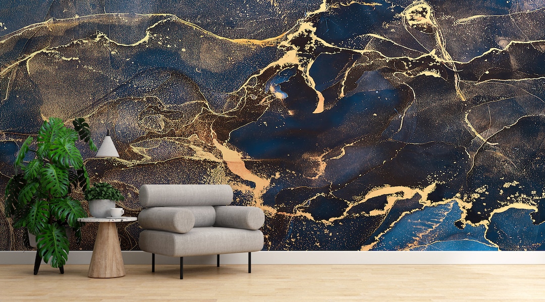 Navy Blue and Gold Marble Wallpaper Mural: Luxury Wall Decor - Etsy