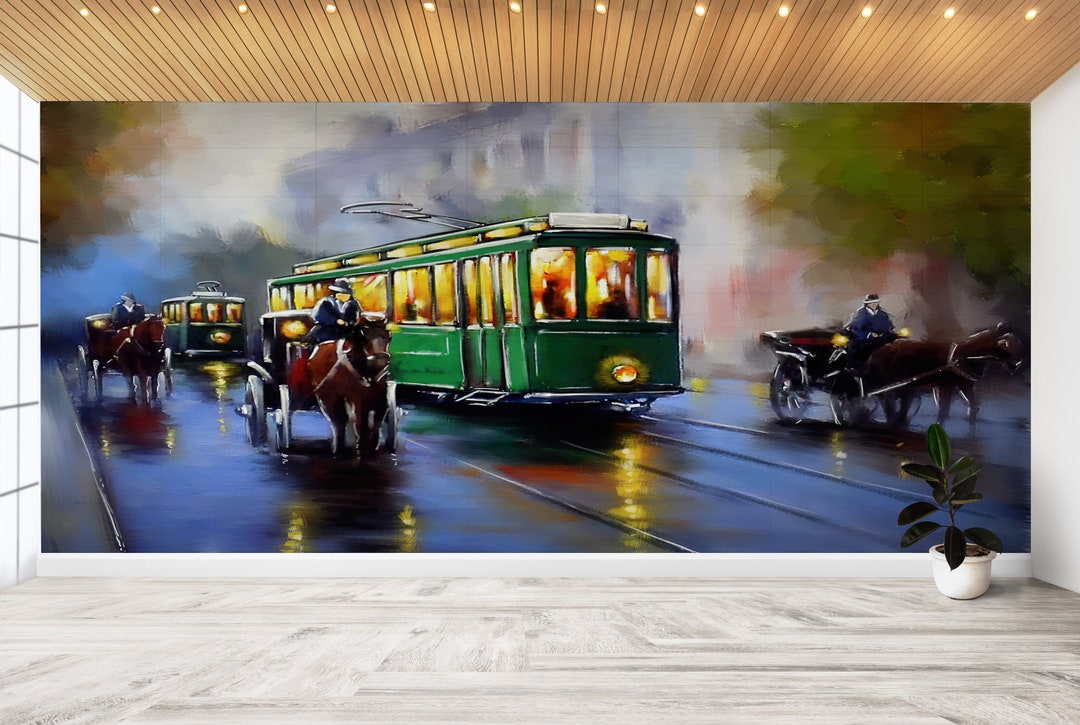Buy Green Tram Painting Wallpaper: City Landscape Wall Decor Online in ...