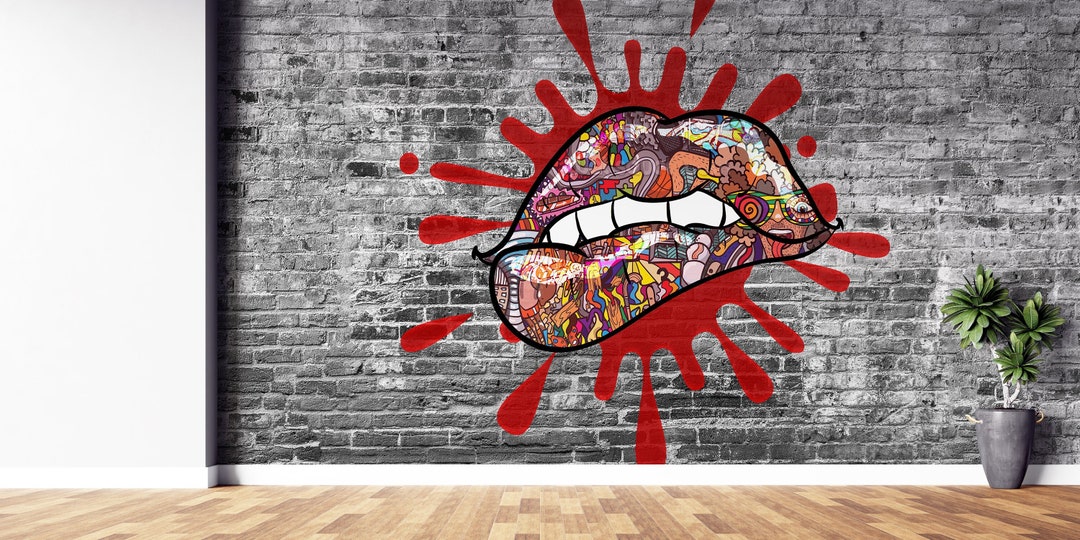 Graffiti Lips Wallpaper: Sensual Wall Art, Man Cave Decor - Etsy