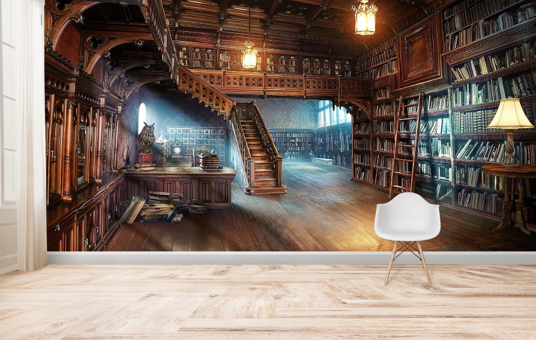 Library Photo Wall Paper, Accent Wall, Library Wall Mural, Papercraft ...