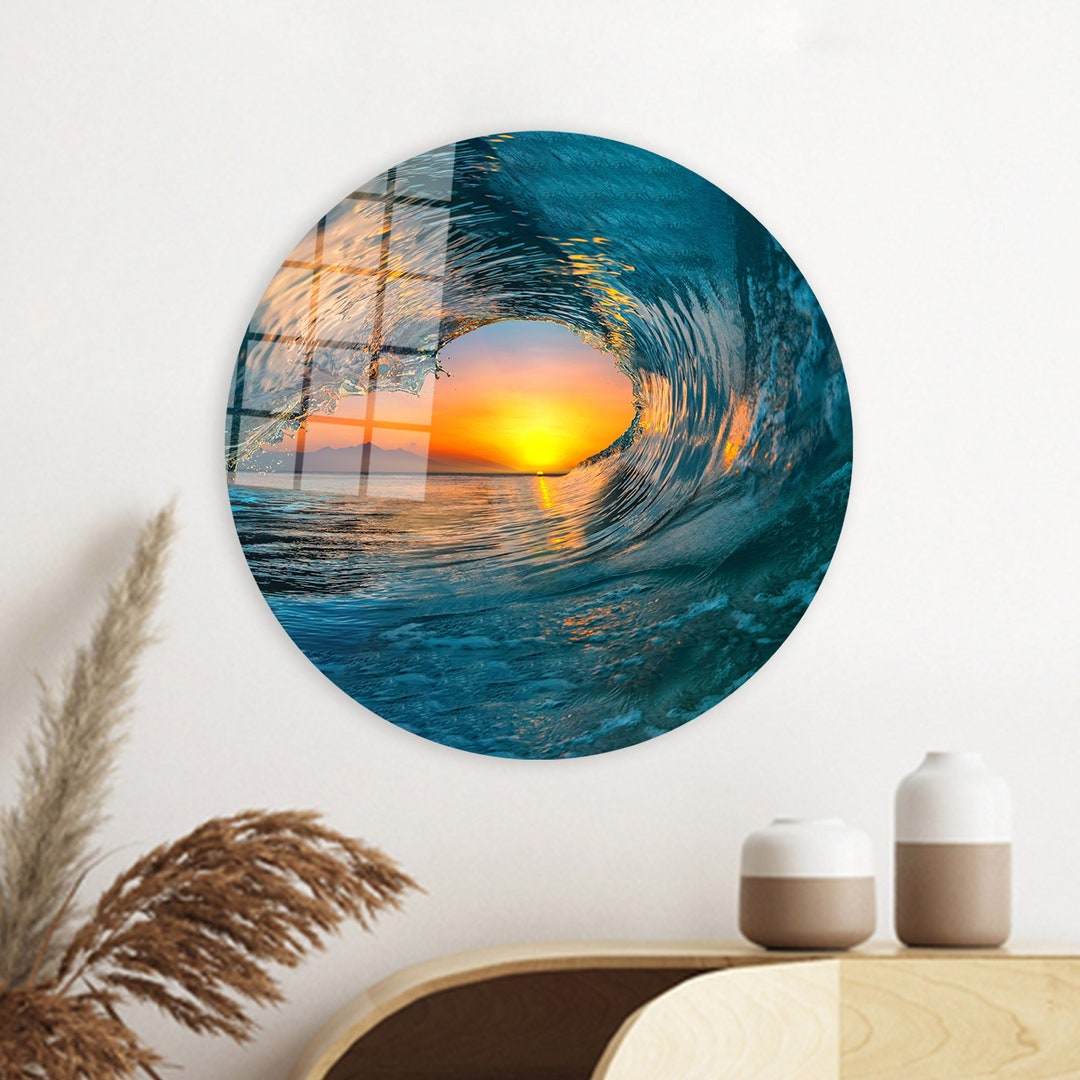 Seascape Glass Decor, Surfer Wave Landscape Glass Wall, Wave Stained ...