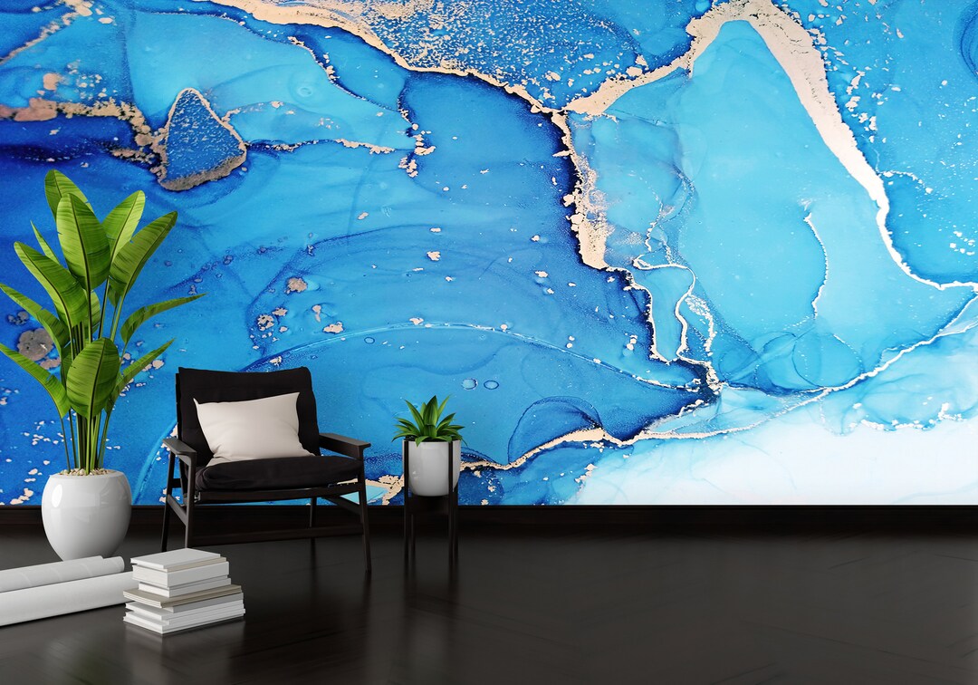 Blue and Silver Marble Wallpaper: Modern Peel and Stick Wall Art - Etsy