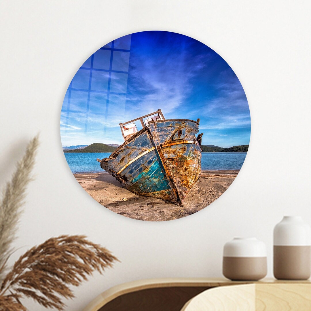 Beach Boat Tempered Glass Wall Art: Coastal Landscape Print - Etsy