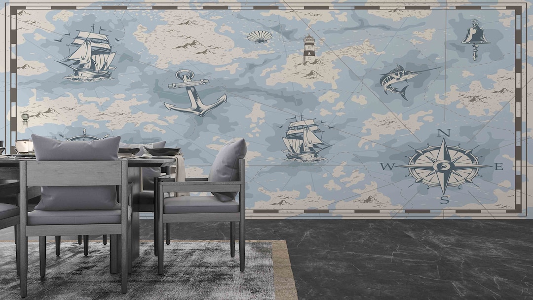 Nautical Map Wallpaper: Blue Sea Compass, Kids Room Decor - Etsy