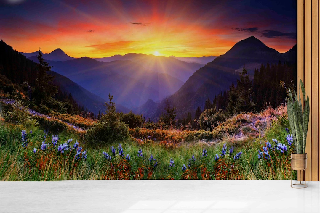 Sunrise Mountain View Wallpaper: 3D Origami Landscape Wall Mural - Etsy UK