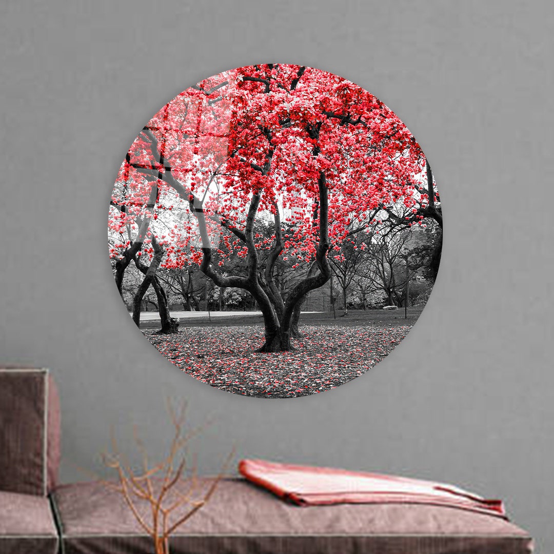 Tree Artwork, Trees With Red Flowers Canvas Gift, View Glass Wall Art ...