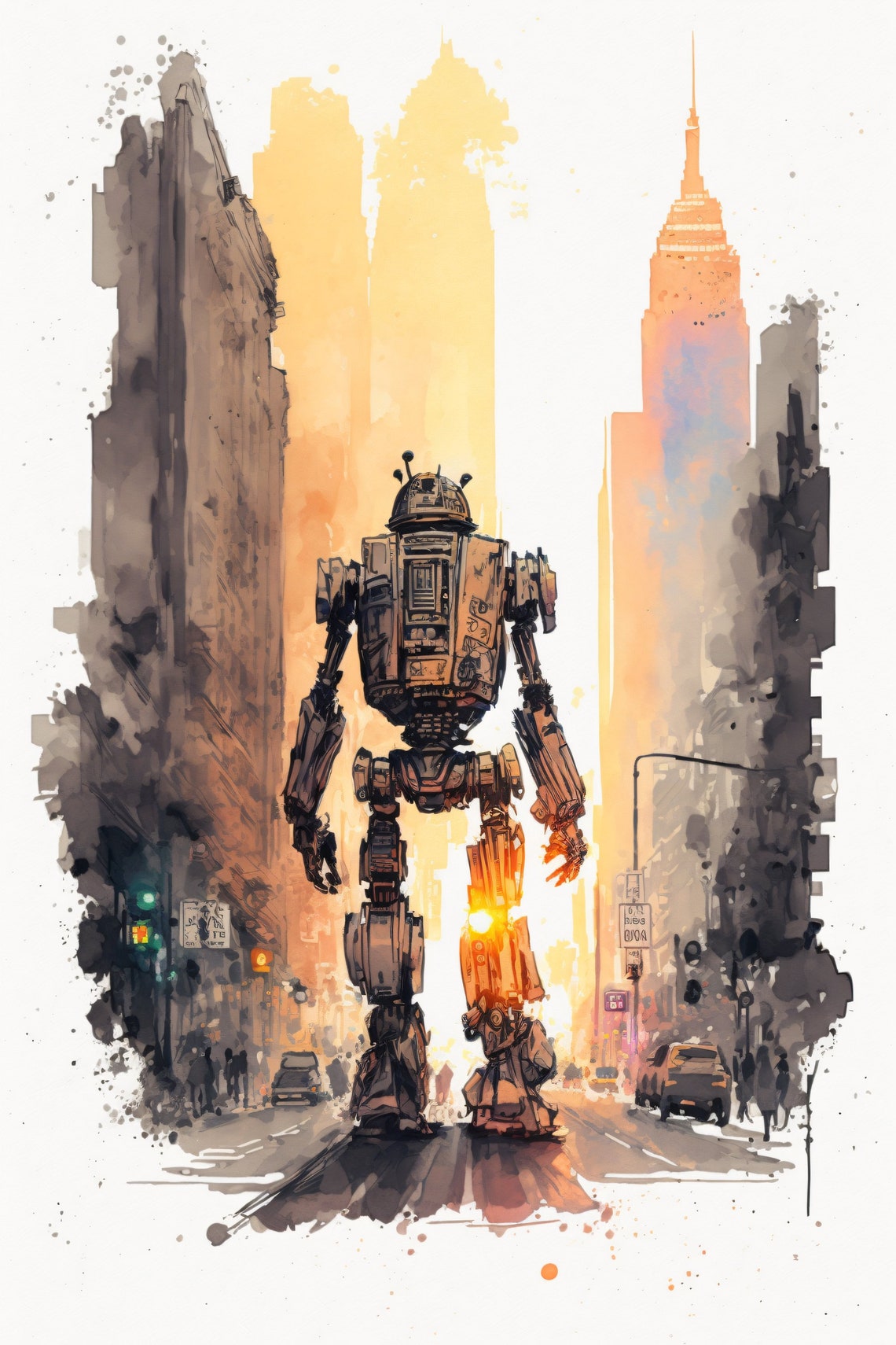 Robot in Town 7 - Pencil and Watercolor Style | AI Generated Printable ...