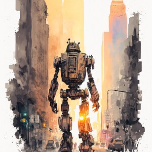 Robot in Town 7 - Pencil and Watercolor Style | AI Generated Printable ...