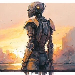 Robot in Town 4 - Pencil and Watercolor Style | AI Generated Printable ...