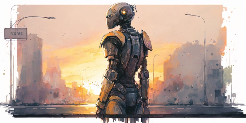 Robot in Town 4 - Pencil and Watercolor Style | AI Generated Printable ...