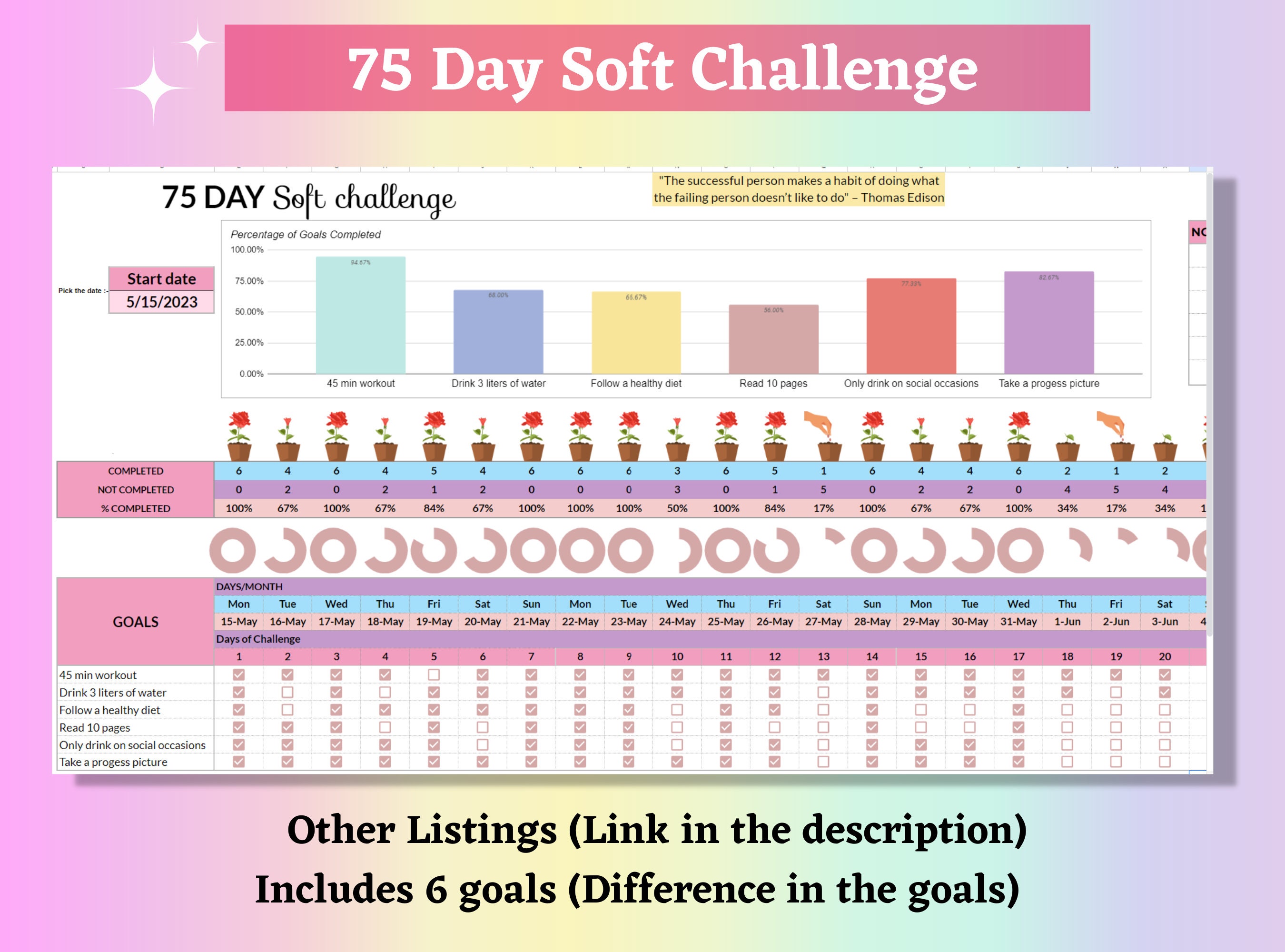 EDITABLE 75 Hard Challenge Tracker for Google Sheets 75 Day Hard ...
