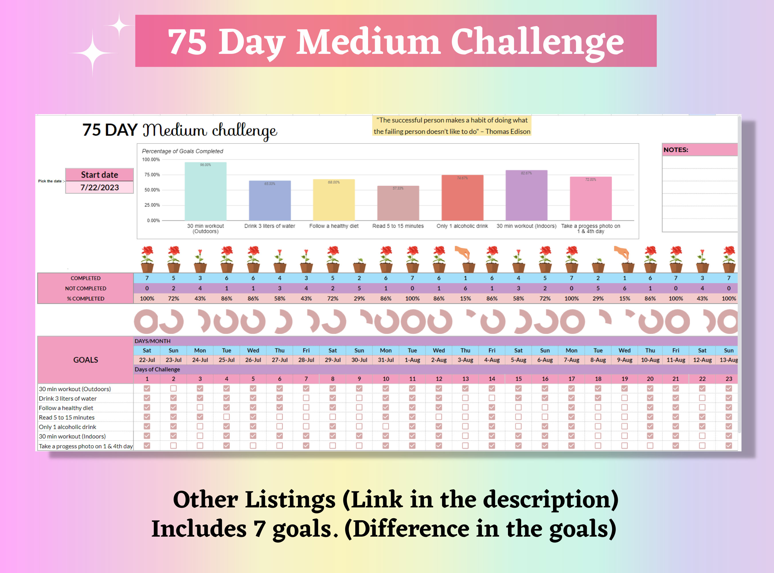 EDITABLE 75 Hard Challenge Tracker for Google Sheets 75 Day Hard ...