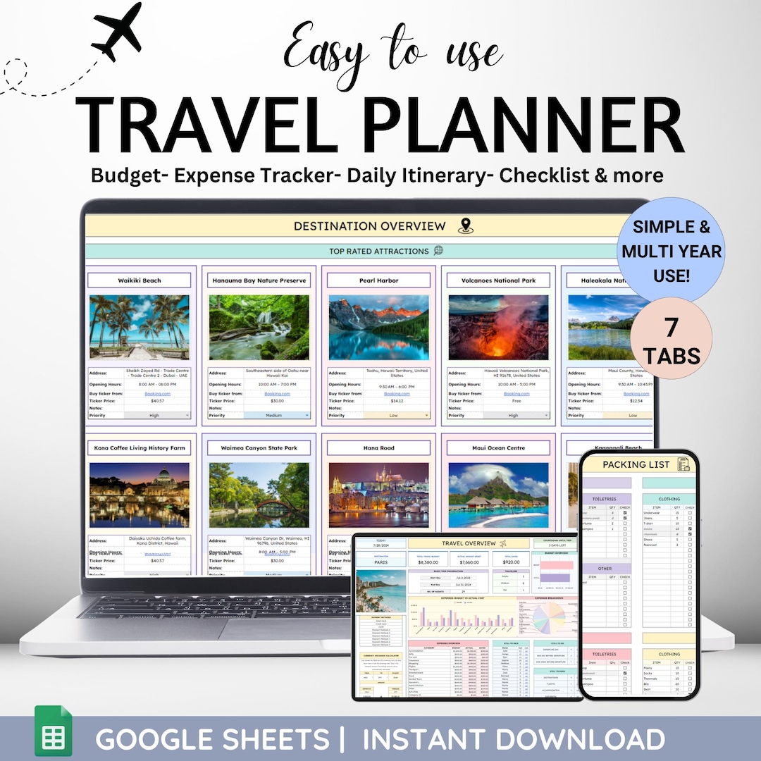 Digital Travel Planner Organizer Google Sheets Travel Planner Template ...