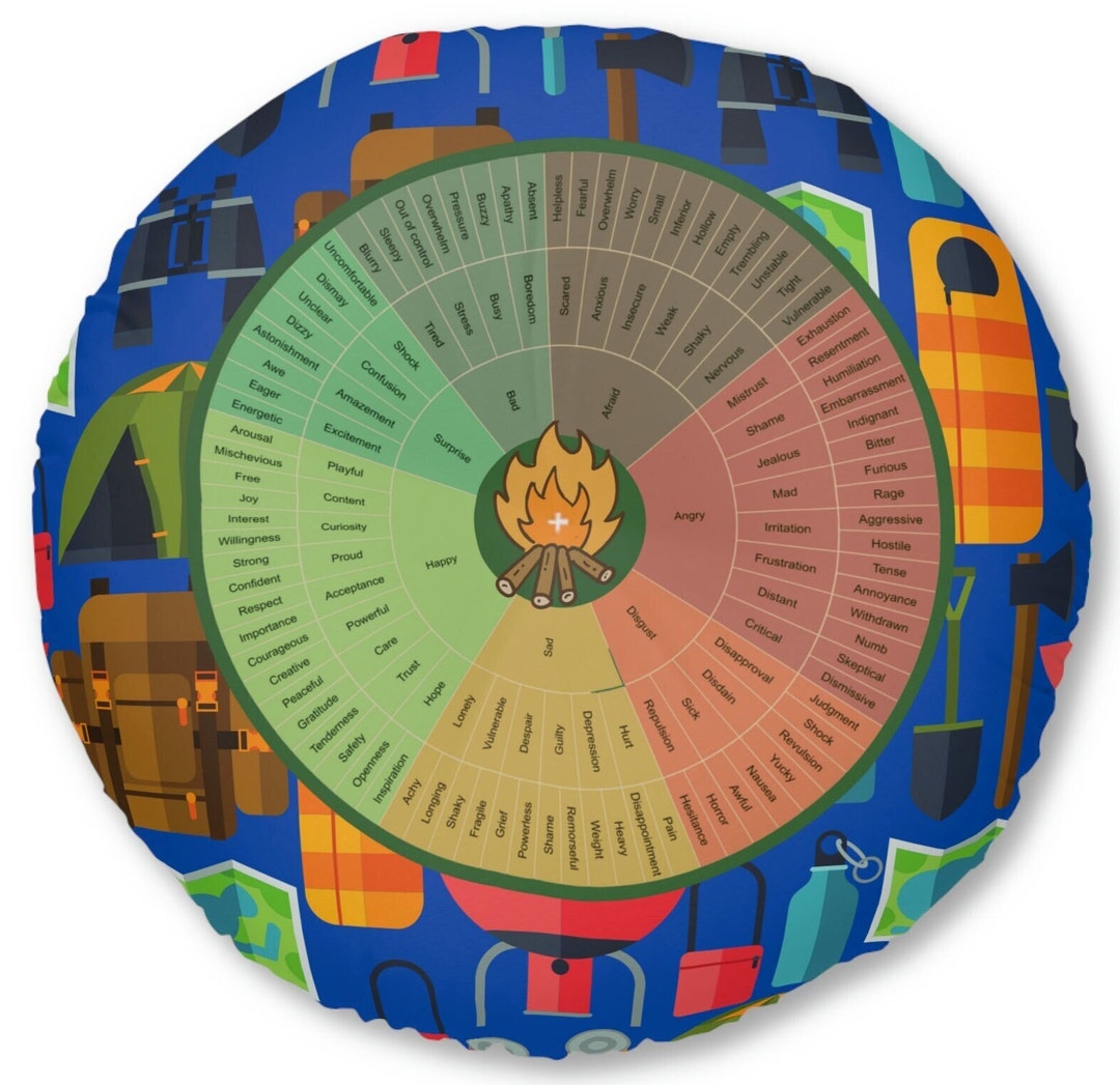 Camping Feelings Emotions Wheel Round Pillow With Campfire in the ...
