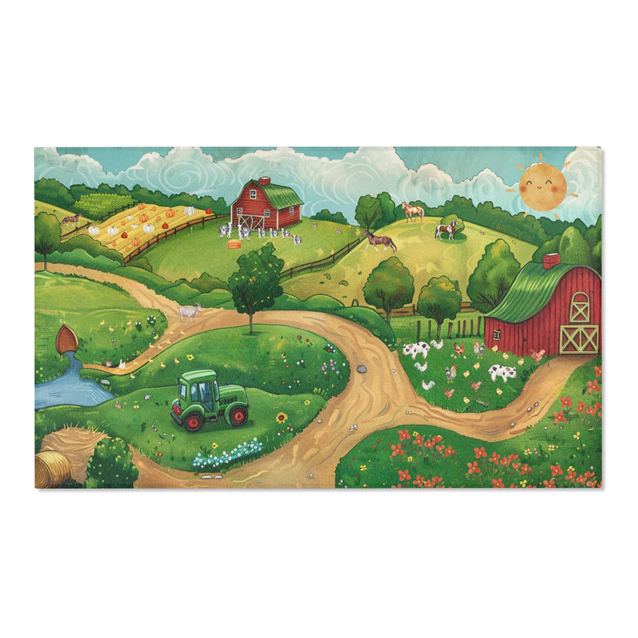 Rug Red Barn Farm Animal Friends Sunny Day Play Nursery Playroom Carpet ...