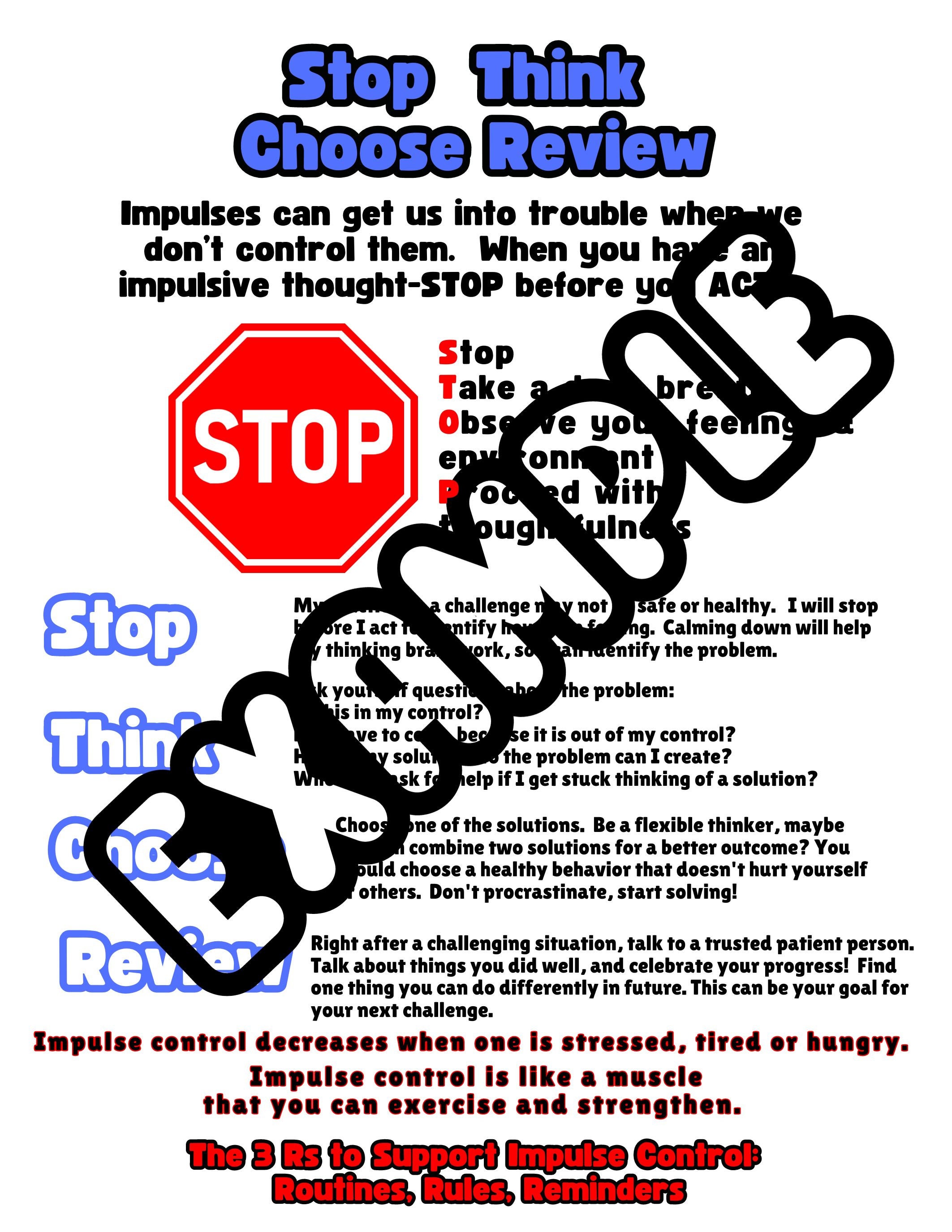 Impulse Control Stop Think Choose Review Info Sheet One Red, One Blue ...
