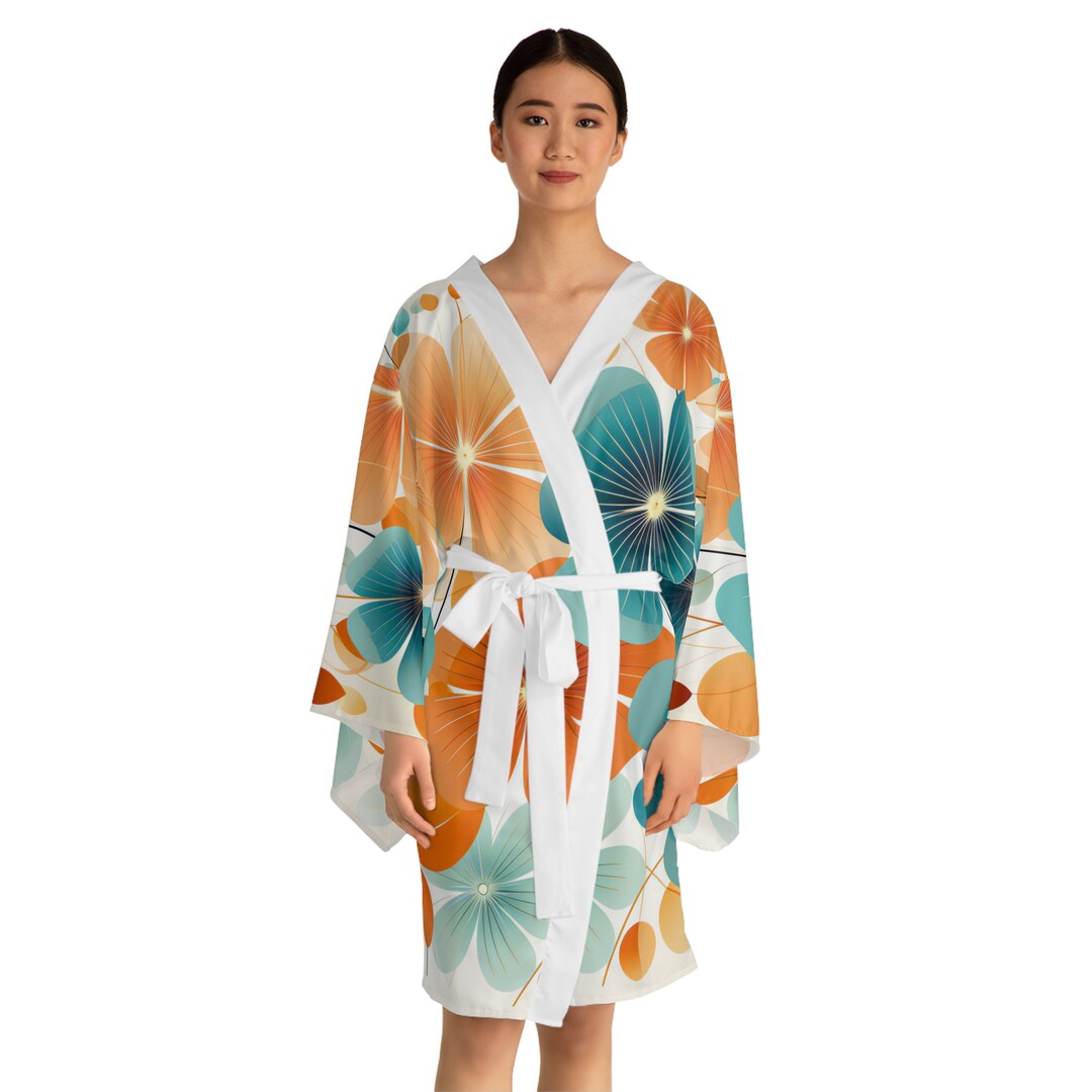 Robe Self Care Retro Orange and Turquoise Modern Flowers Long Sleeve ...
