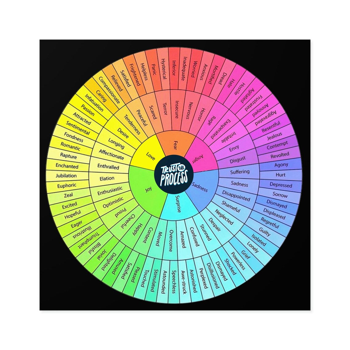 Sticker Emotion Feelings Wheel Trust the Process Black Center Sticker ...