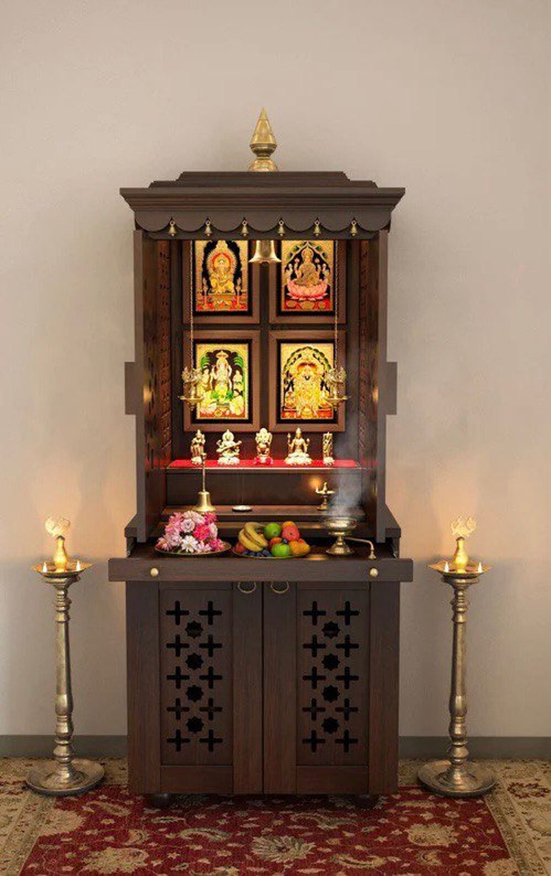 Wooden Customized Designer Mandir for Home With LED Lights/ Pooja ...