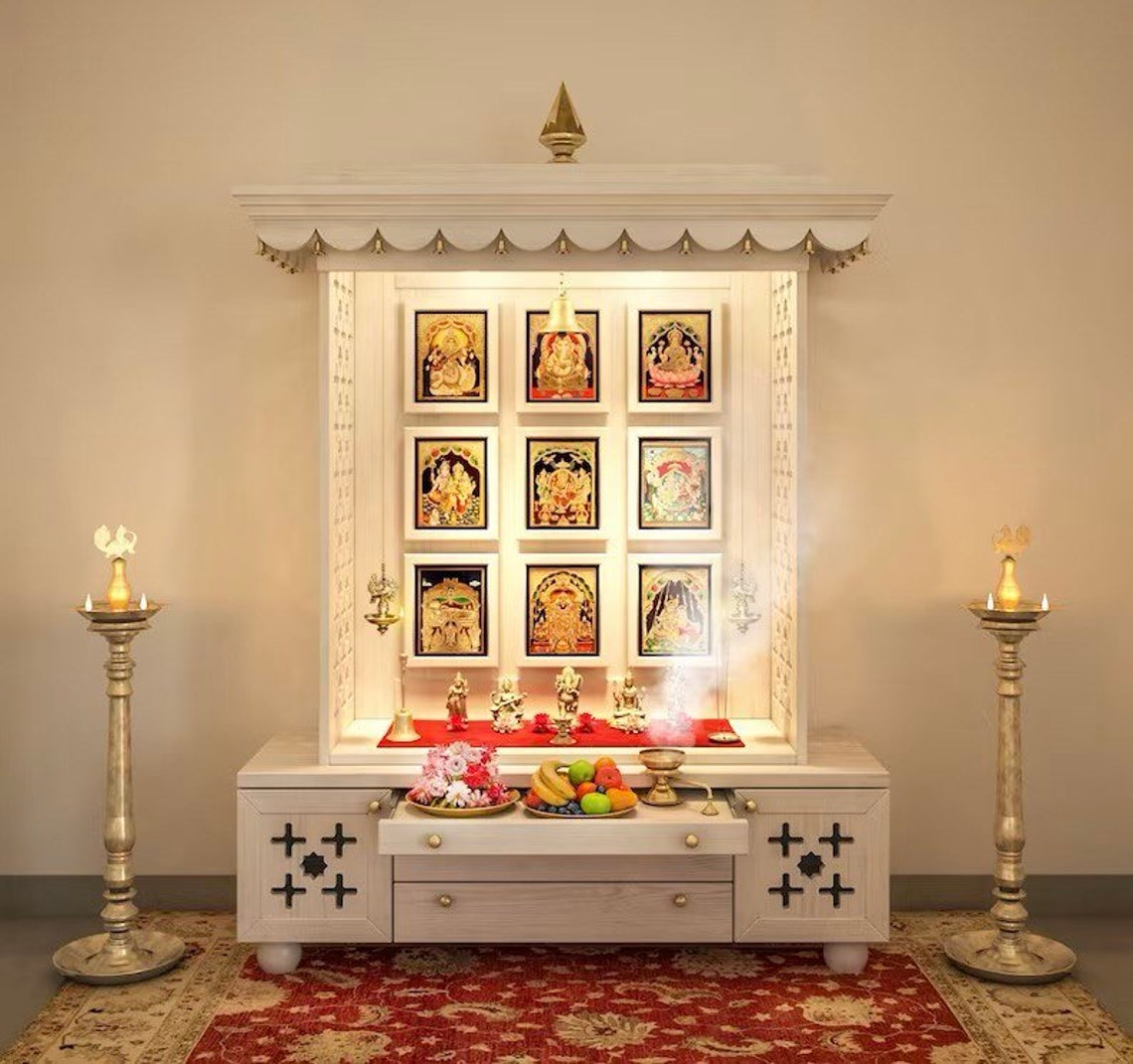 Wooden Customized Designer Mandir for Home With LED Lights/ Pooja ...