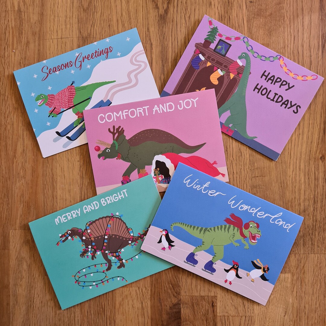 Cute Funny Dinosaur Christmas Cards Pack of 5 Assorted Tent - Etsy