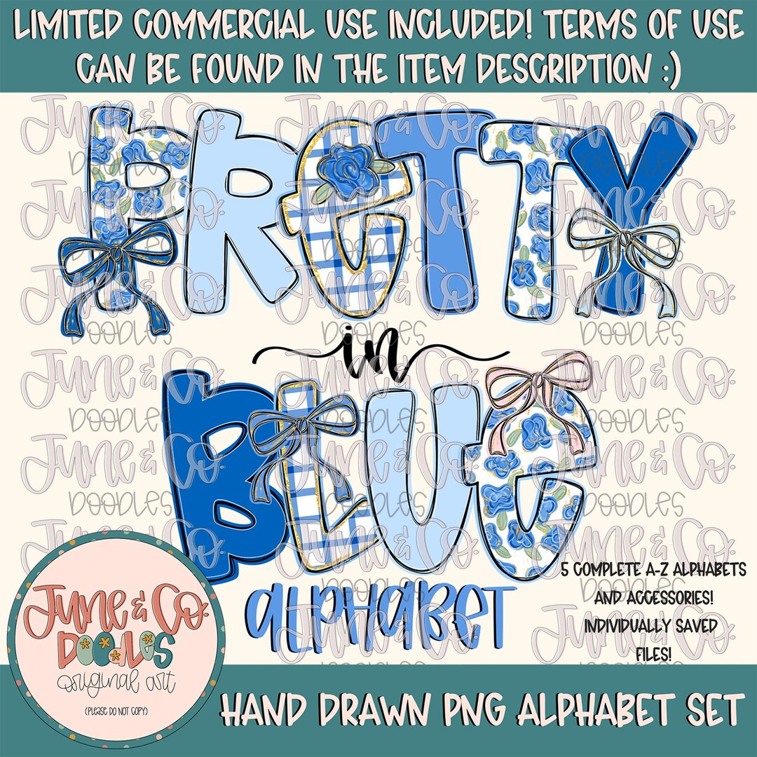 Pretty in Blue Alphabet Set- PNG| Preppy Blue Doodle Alpha ...