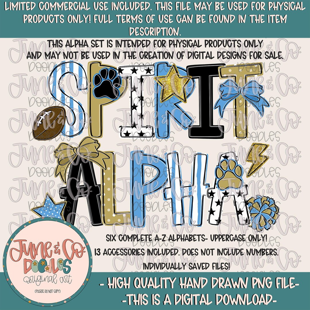Spirit Alphabet Set- Blue, Gold, Black| Team Spirit Doodle Alpha ...